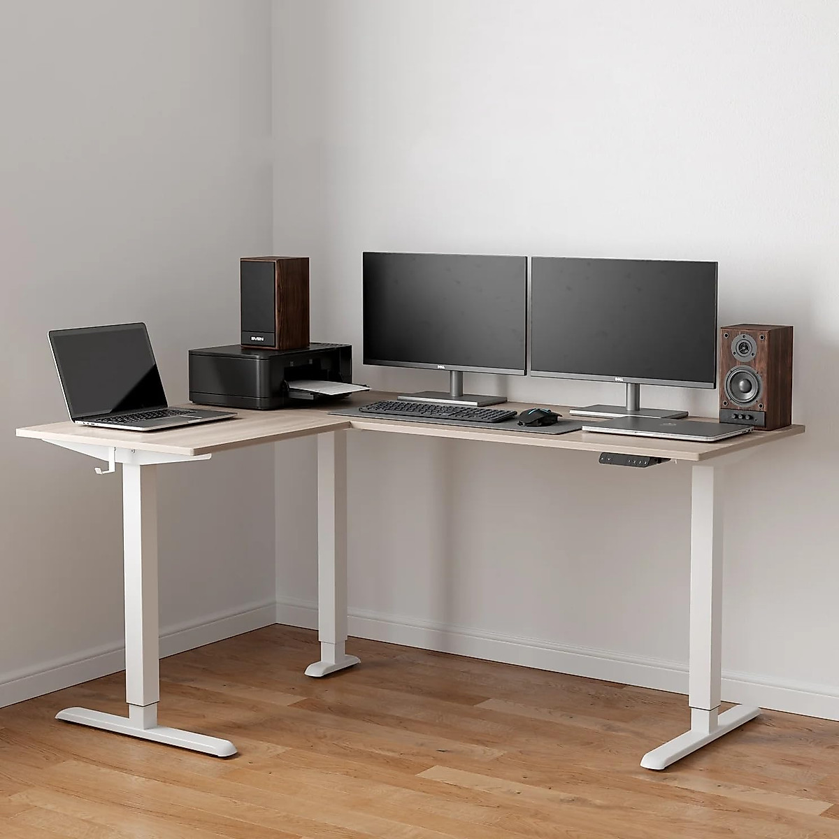 FEZIBO Triple Motor L-Shaped Electric Standing Desk, Height Adjustable Stand up Corner Desk, 63 Inches Sit Stand Workstation with Splice Board, White Frame/Light Walnut Top
