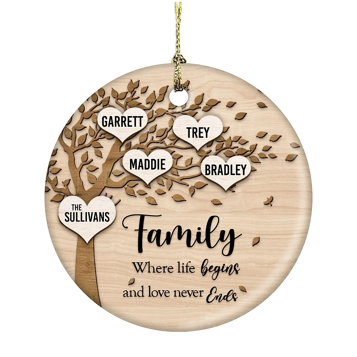 Family Where Life Begins and Never Ends Personalized 3 Inch Ceramic Christmas Ornament With Gift Box (4 Names)