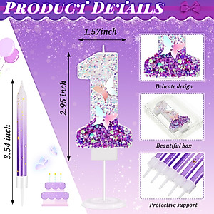 Amylove Purple Butterfly Number 1 Birthday Candle for Cake with 6 Long Thin Cupcake Candles Girls Sparkling Candles Sequin Glitter Purple Candle for Women Girl Anniversary Wedding
