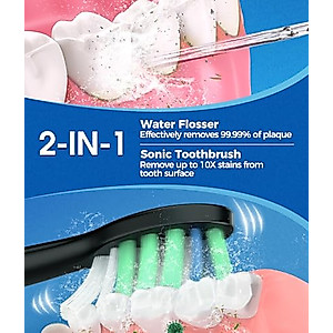 Electric Toothbrush with Water Flosser,600ML Oral Irrigator Water Flosser with 7 Jet Tips,10 Adjustable Water Pressure,Sonic Electric Toothbrush with 2 Brush Heads,5 Modes(Black)