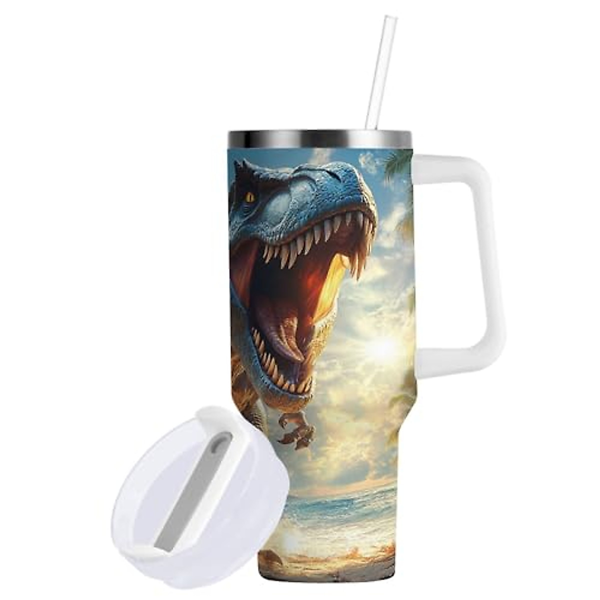 Slewiaeky Tumbler with Handle 40 oz Cool Beast Dinosaur T Rex Travel Mug with Lid and Straw Stainless Steel Vacuum Insulated Water Bottle Cup for Iced Tea Coffee Cold Beverages Cup Holder Friendly