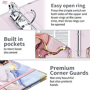 Ospelelf 3 Ring Binder 1 Inch, Cute Binder for Letter Size (11" x 8.5") with 5 Tab Dividers, File Folder Labels and Low Profile Clipboards, Pink Marble Binder for School Supplies and Office Supplies