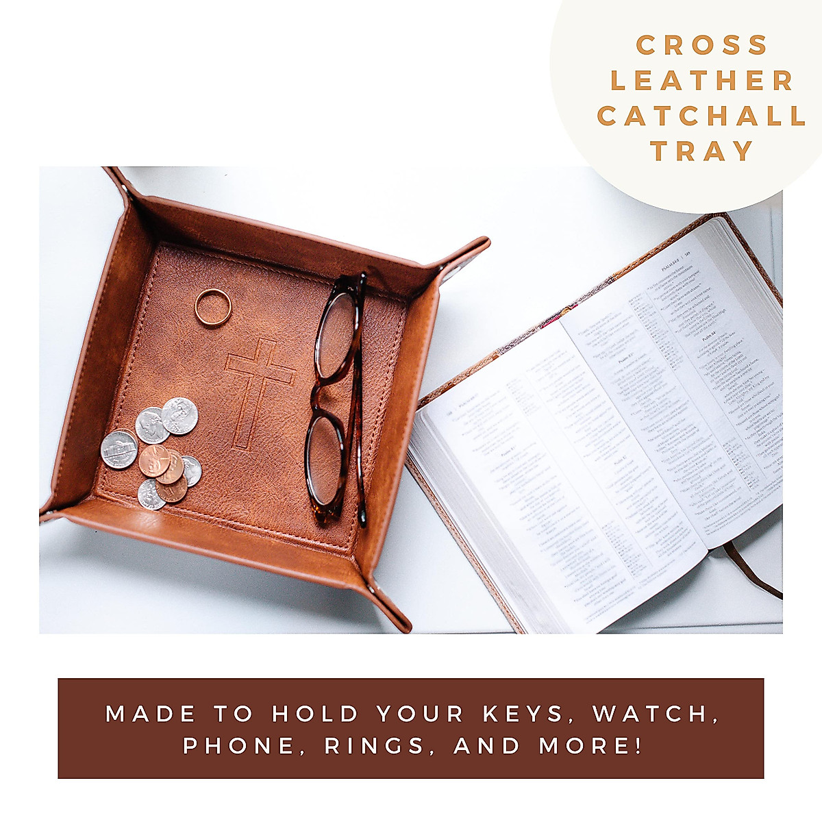 Cross Leather Valet Tray for Men with Scripture Included | EDC Dump Tray Catholic First Communion Gifts for Boys, Christian Gifts for Dad, Thoughtful Gifts for Men