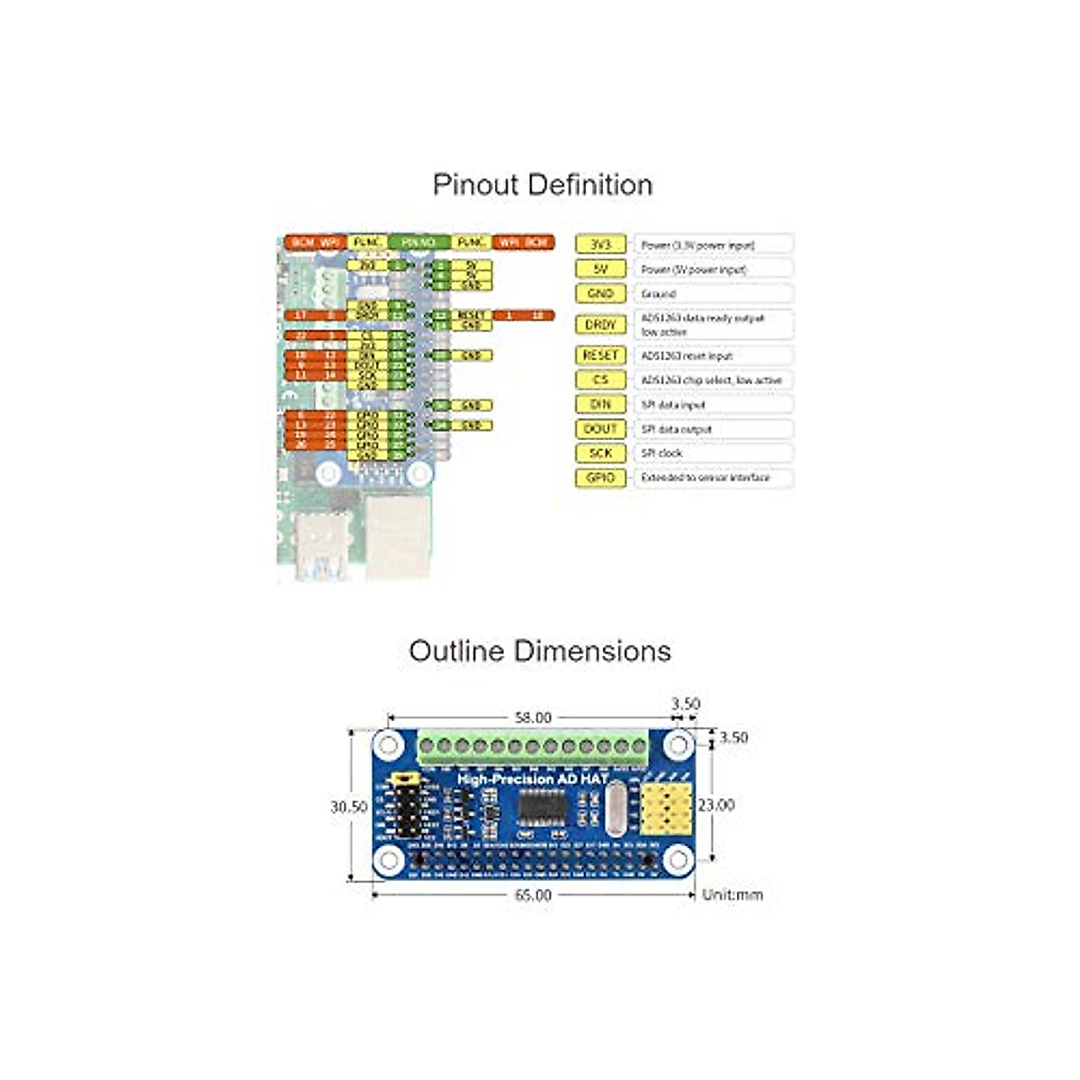 Waveshare High-Precision AD HAT, Compatible with Raspberry Pi 5/4B/3B/Zero/Zero W/Zero 2W/Pico/Pico W/Pico WH and Jetson Nano, ADS1263 10-ch 32-bit ADC