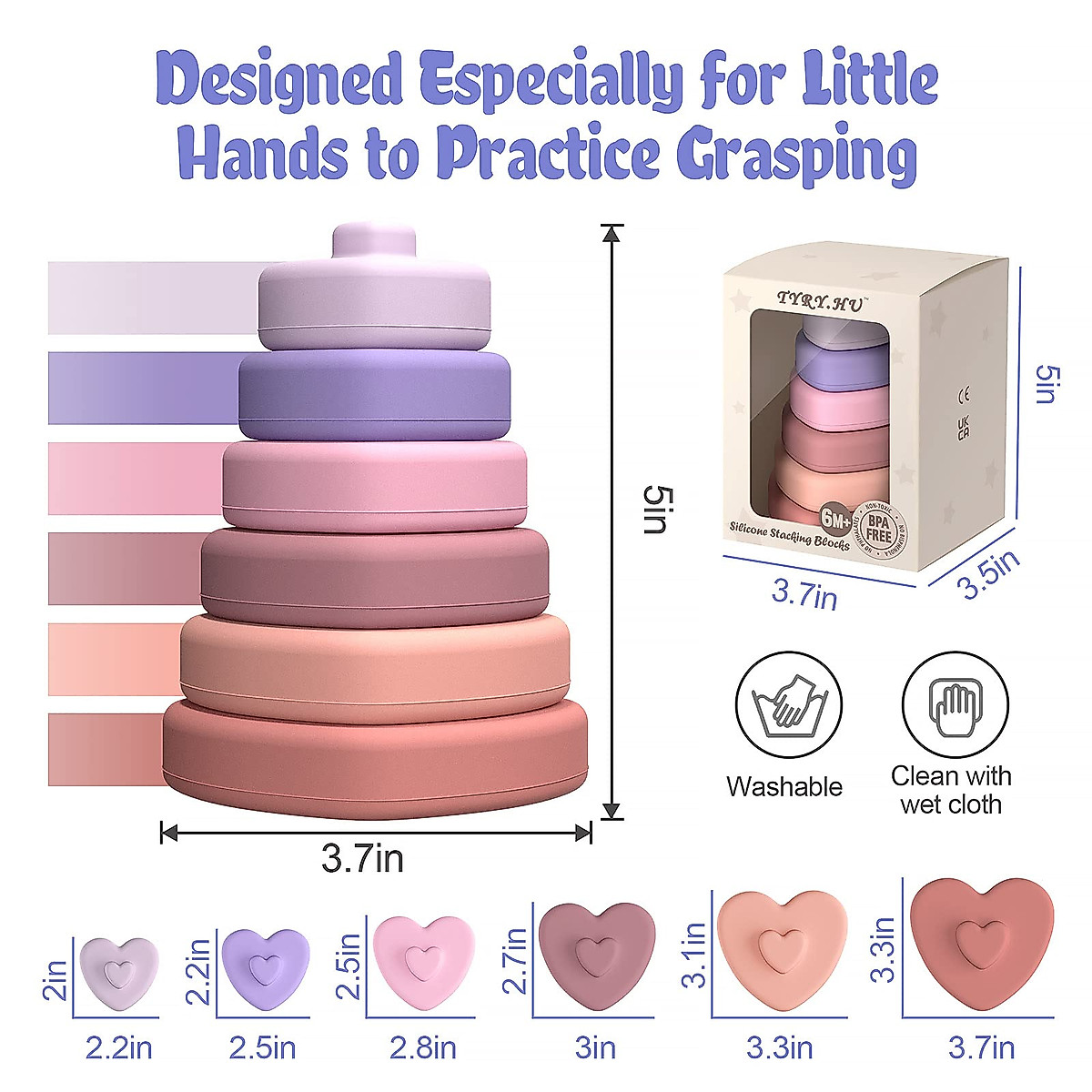 Baby Silicone Stacking & Nesting Toys, Christmas 6 pcs Heart Building Stacker Blocks Tower, Soft Chew Natural Teether Montessori Toys, 6+ Months Toddler Boys & Girls Early Education Learning