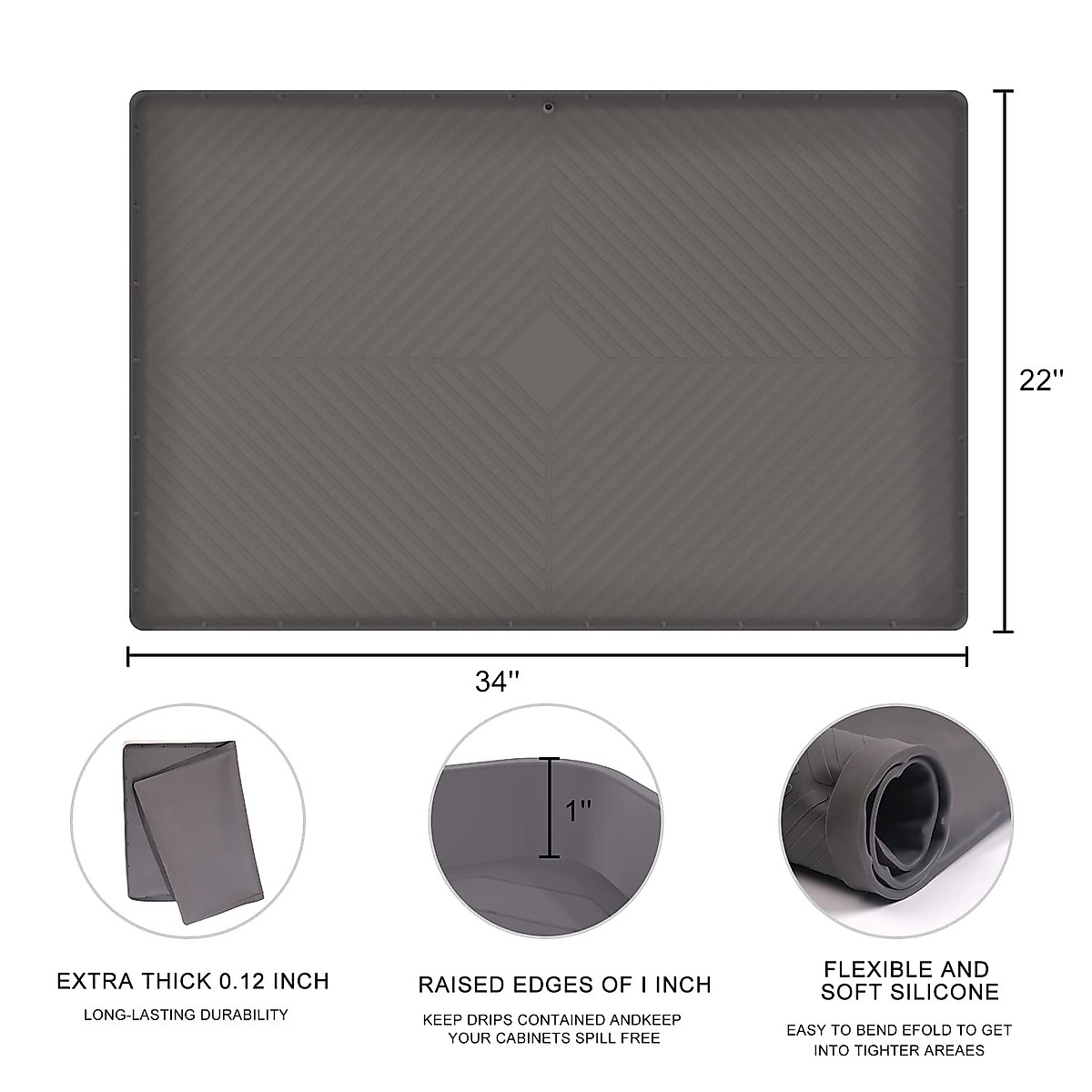 Under Sink Mat,PRETIRENO 34" x 22" Silicone Under Sink Liner for Kitchen & Bathroom Sink Base Cabinets,Under Sink Drip Tray with Lip, Grey
