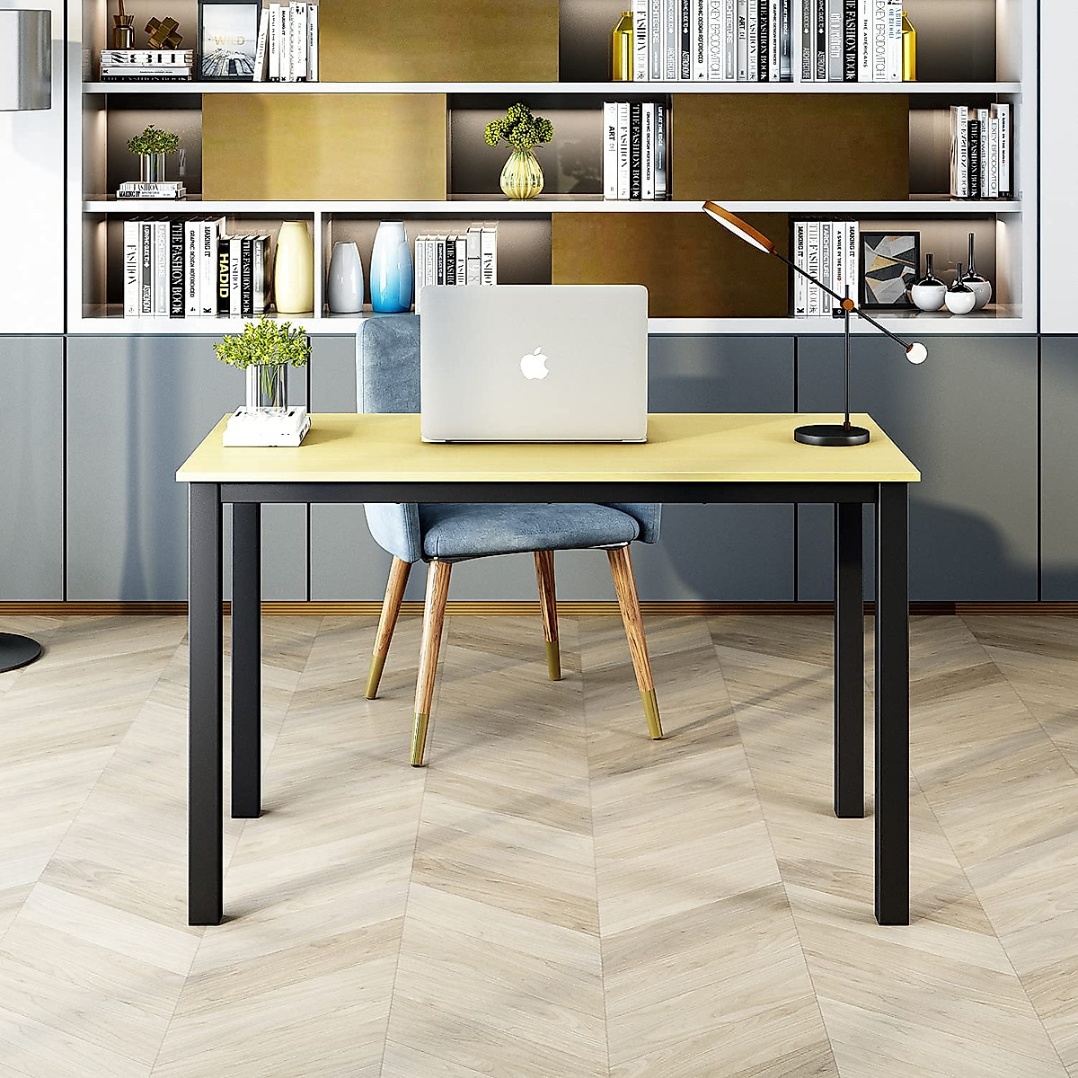 USHOW Computer Desk 47 inches Large Size Desk Writing Desk,Modern Simple Style PC Table,Black Metal Frame for Home Office,Sandalwood