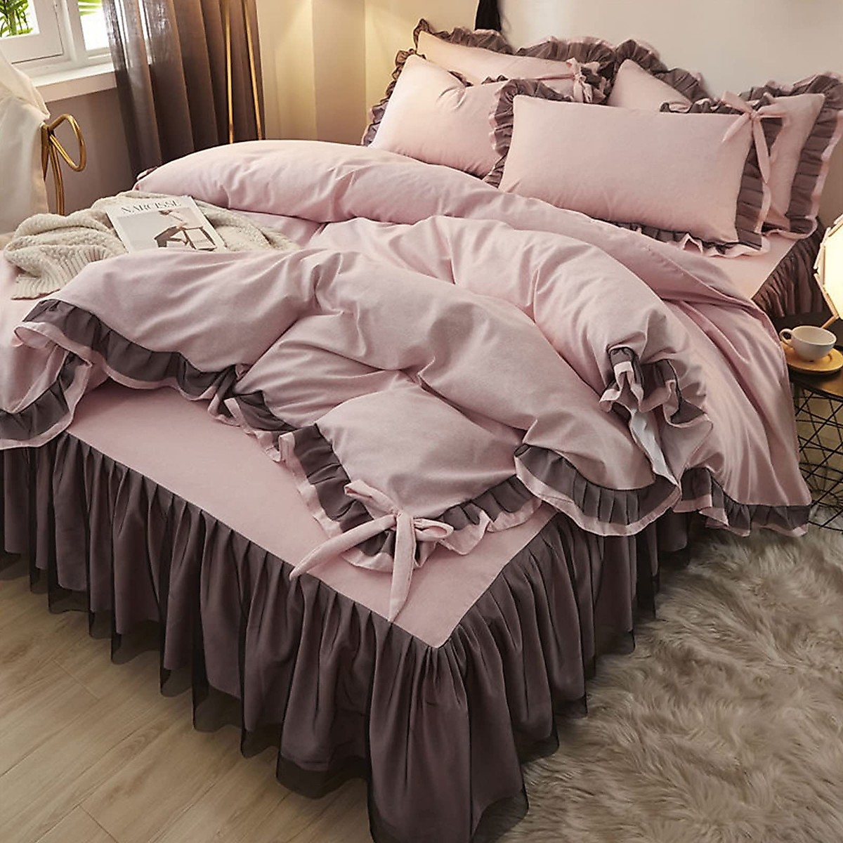 Solid Color Sanding Comforter Cover Set,Bow Lace Ruffle Duvet Cover Set,Breathable Comfy Bedding Set with Bed Skirt Pillowcases-Black Full 200x230cm(79x91inch) (Light Pink King 200x230cm(79x91inch))