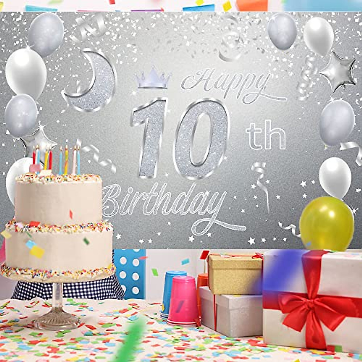 Sweet Happy 10th Birthday Backdrop Banner Poster 10 Birthday Party Decorations 10th Birthday Party Supplies 10th Photo Background for Girls,Boys,Women,Men - Silver 72.8 x 43.3 Inch