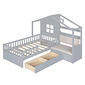 Bellemave Twin Size House Bed with Sofa, Kids Twin Platform Bed with Two Drawers and Storage Shelf, for Girls Boys - Gray