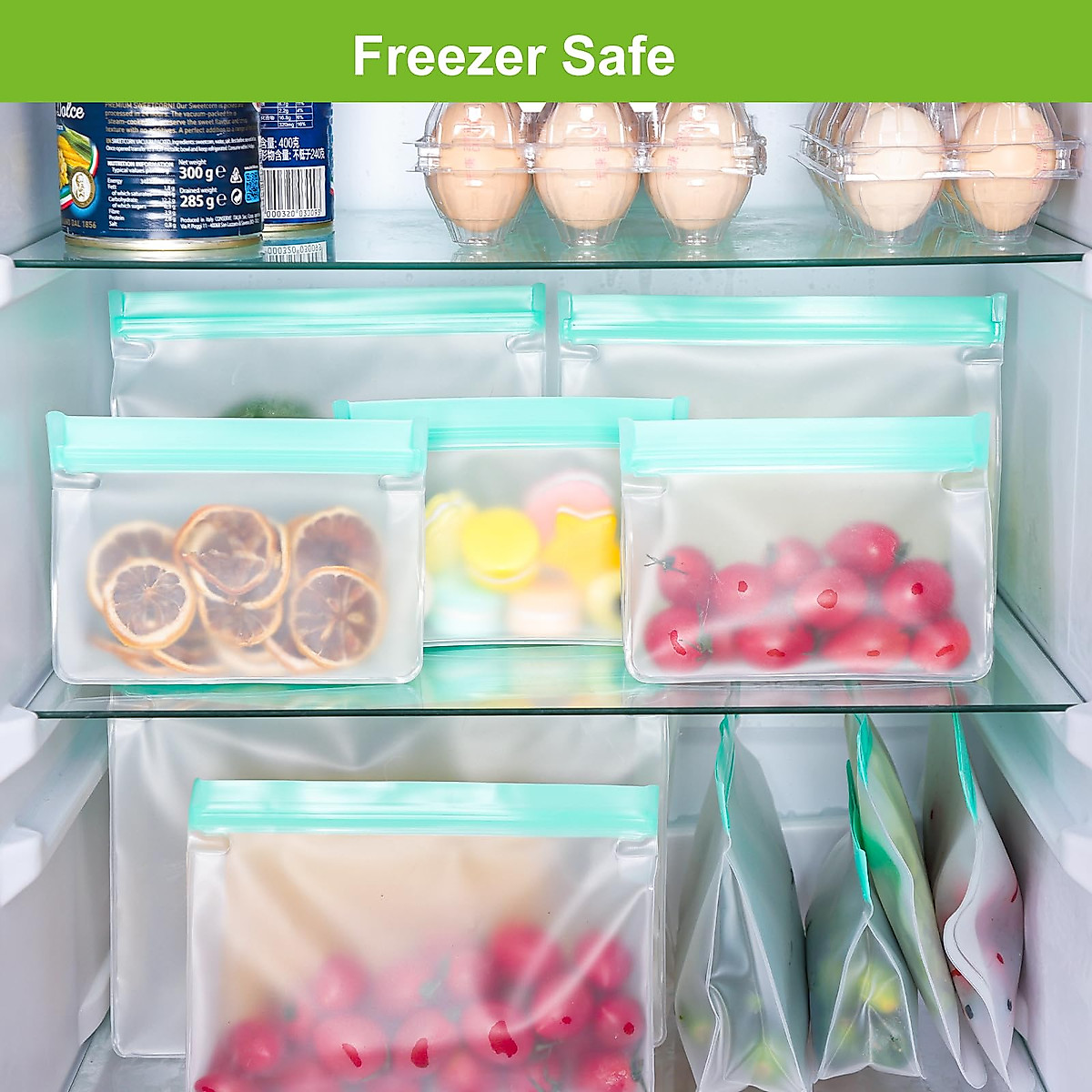 Moretoes 20 Pack Reusable Freezer Food Storage Bags, Silicone Bags Reusable Storage, Quart Freezer Bags for Lunch Marinate Food Travel (Green, 6 Sizes, Stand Up & Lay Flat)