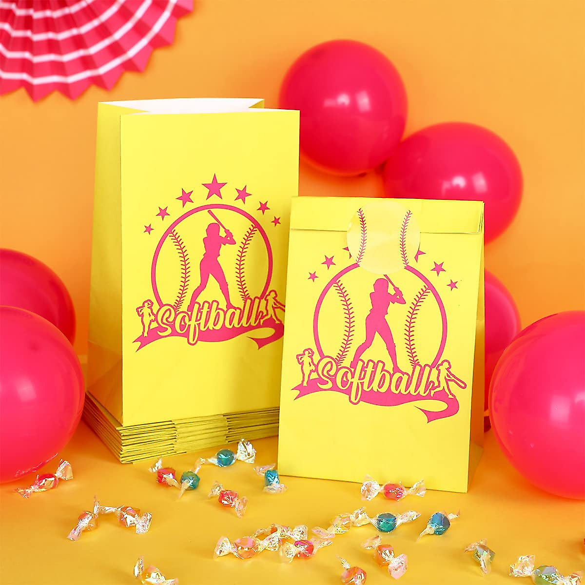 JOYMEMO 16 Pack Softball Party Treat Bags with Stickers, Fast Pitch Favor Goodie Gift Paper Bags for Girls Birthday Supplies
