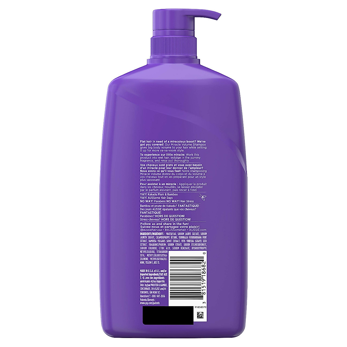 Aussie Miracle Volume with Plum & Bamboo, Paraben Free Shampoo, 26.2 fl oz