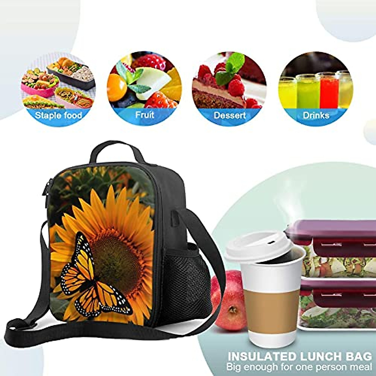 YIEDYLPO Sunflower Lunch Bag Insulated Butterfly Portable Box Reusable Cooler Organizer with Adjustable Shoulder Strap for Work School Picnic Travel