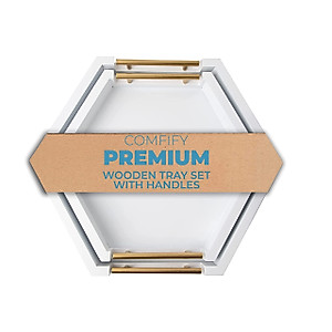 Honeycomb Serving Trays with Golden Handles – Set of 2 Wooden Hexagon Nesting Trays – Large, and Small Trays Set for Food, Ottoman Décor & More – Modern Trays for Breakfast - White