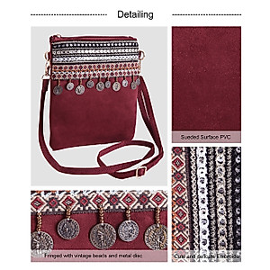 Pulama Vintage Bohemian Crossbody Small Handbag Adorable Ethnic Sling Pouch Claret