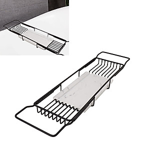 Zerodis Bathtub Caddy Tray, Non Slip Stainless Steel Bath Tub Rack with Marble Expandable Bath Shelf for Candle Towel Book Wine Phone (Black White)