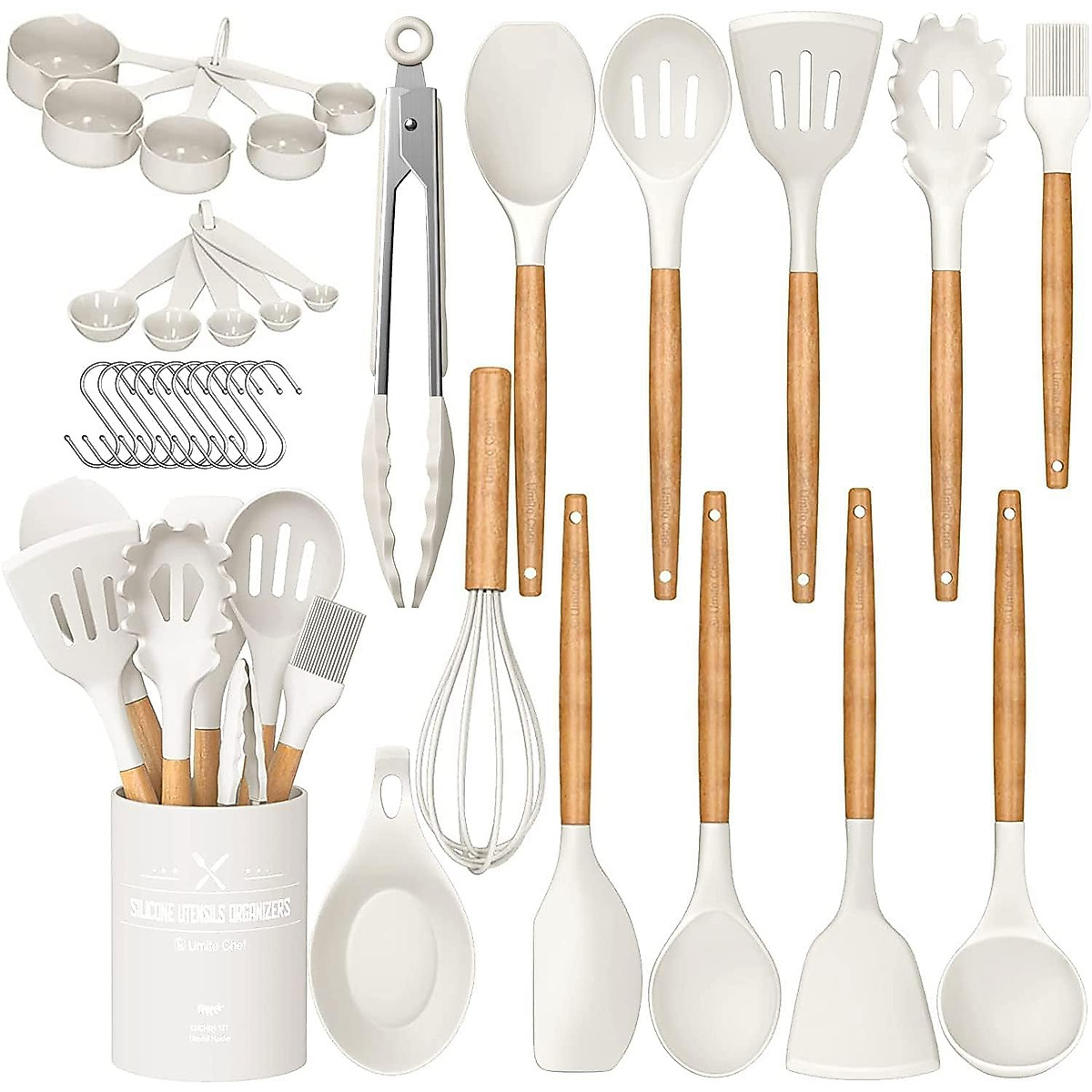 Umite Chef Kitchen Cooking Utensils Set, 33 pcs Non-stick Silicone Cooking Kitchen Utensils Spatula Set with Holder, Wooden Handle Silicone Kitchen Gadgets Utensil Set (Cream White)