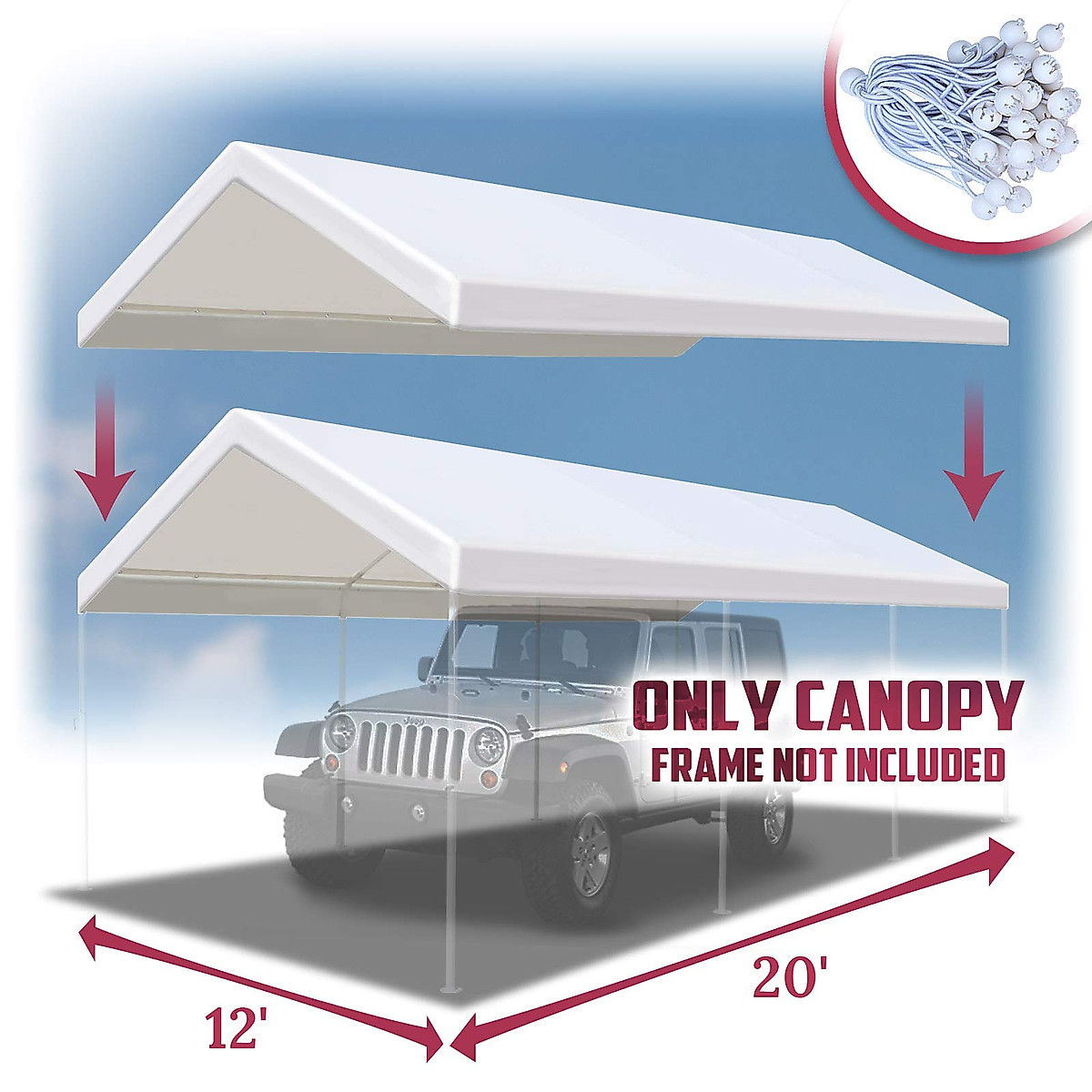 BenefitUSA 12'x20' Carport Canopy Tent Garage Replacement Top Tarp Car Shelter Cover w/Ball Bungees (with Edge)