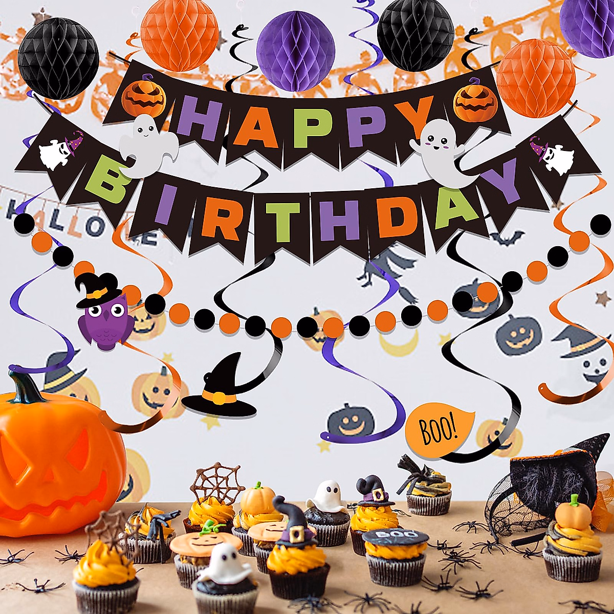 meowtastic Halloween Birthday Decorations - Happy Birthday Banner with Honeycomb Ball, Halloween Hanging Swirl Streamer, Circle Dot Garland Decorations - Halloween theme Birthday Party Decoration