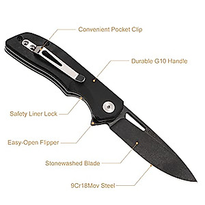 GVDV 9Cr18Mov Stainless Steel Pocket Knife with Ball Bearing Flipper, 3” Blade EDC Folding Knife for Hunting Camping Fishing, Gifts for Men Women, Medium (Black)