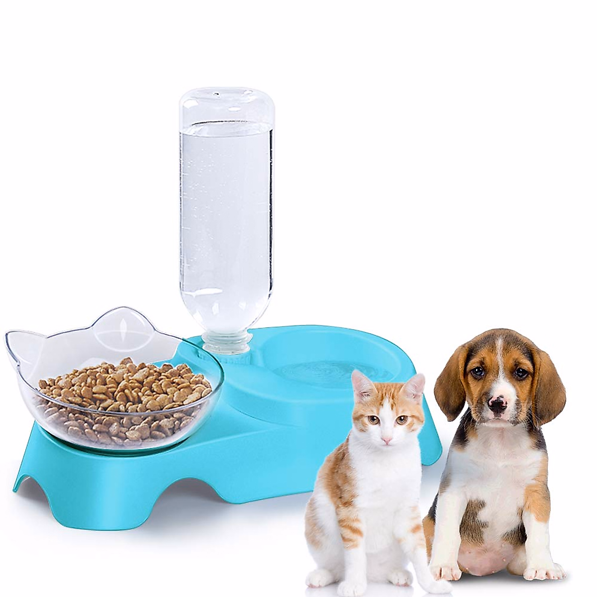 MILIFUN Double Dog Cat Bowls - Pets Water and Food Bowl Set, 15°Tilted Water and Food Bowl Set with Automatic Waterer Bottle for Small or Medium Size Dogs Cats