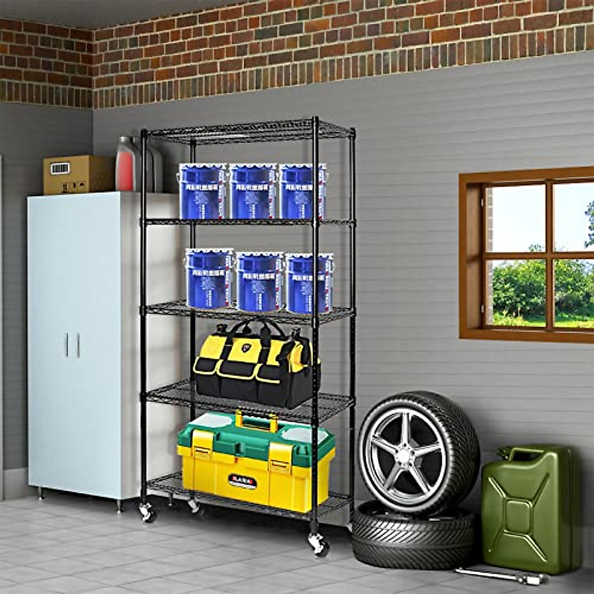 Ymlpre 5-Tier Wire Shelving Unit with Wheels, 35.43" W x 13.78" D x 65" H, Height Adjustable Metal Shelf, Heavy Duty Organizer Garage Large Iron Storage Shelves NSF Metal Rack on Wheels, Black 65inch