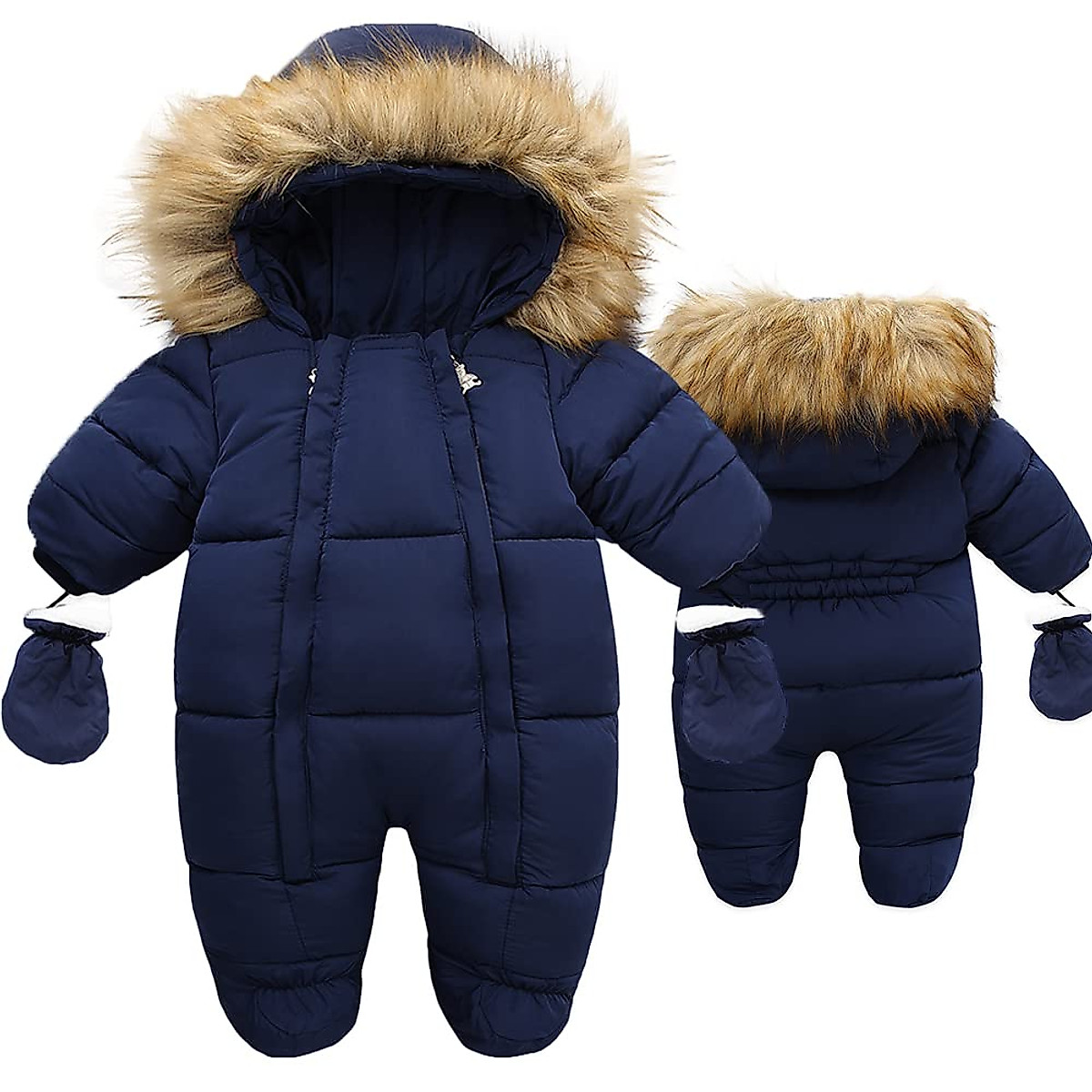 Fairy Baby Infant Baby Winter Snowsuit Coat Romper Hooded Double Zipper Fur Collar Warm Jumpsuit for Boys Girls 6-9 Monthes