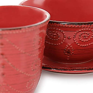 Elama Embossed Scalloped Round Stoneware Dinnerware Dish Set, 16 Piece, Red with Brown Accents