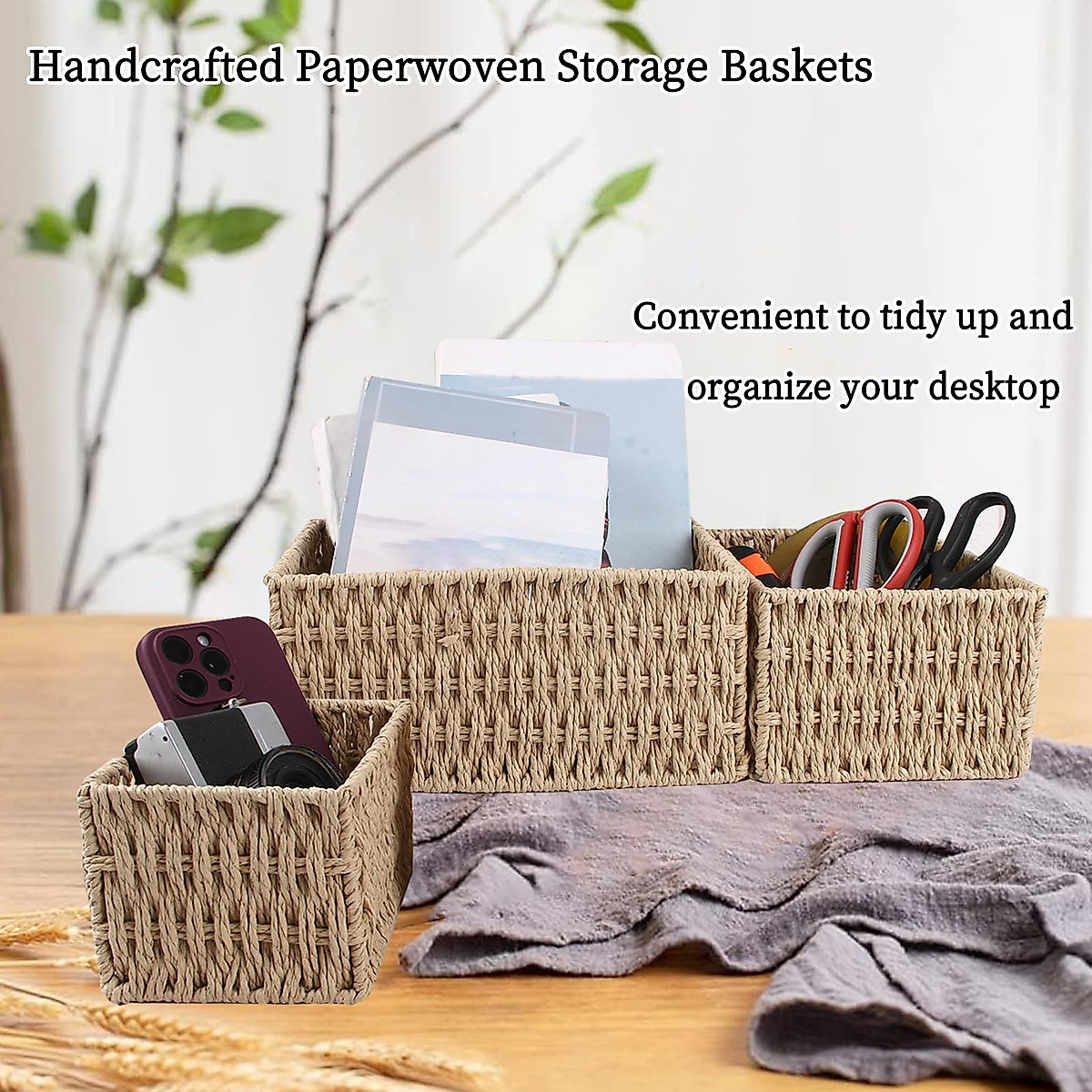 CrafArcher Paper Woven Storage Baskets Iron Frame Desk Organizers, Set of 3