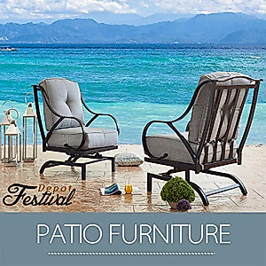 Festival Depot Patio Chair Set of 2 Metal Armchairs with Thick Cushions Outdoor Furniture for Bistro Deck Garden (Grey)