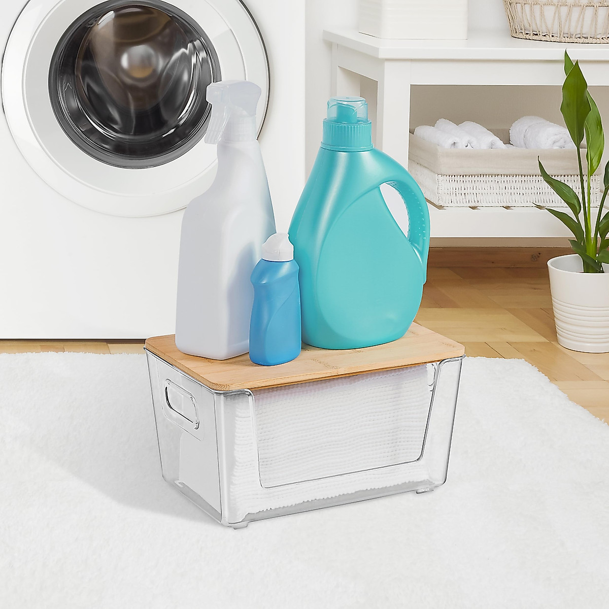 Citylife 2 PCS Small Stackable Storage with Bamboo Top Acrylic Trash Bag Dispenser Open Laundry Room Organizer with Handle