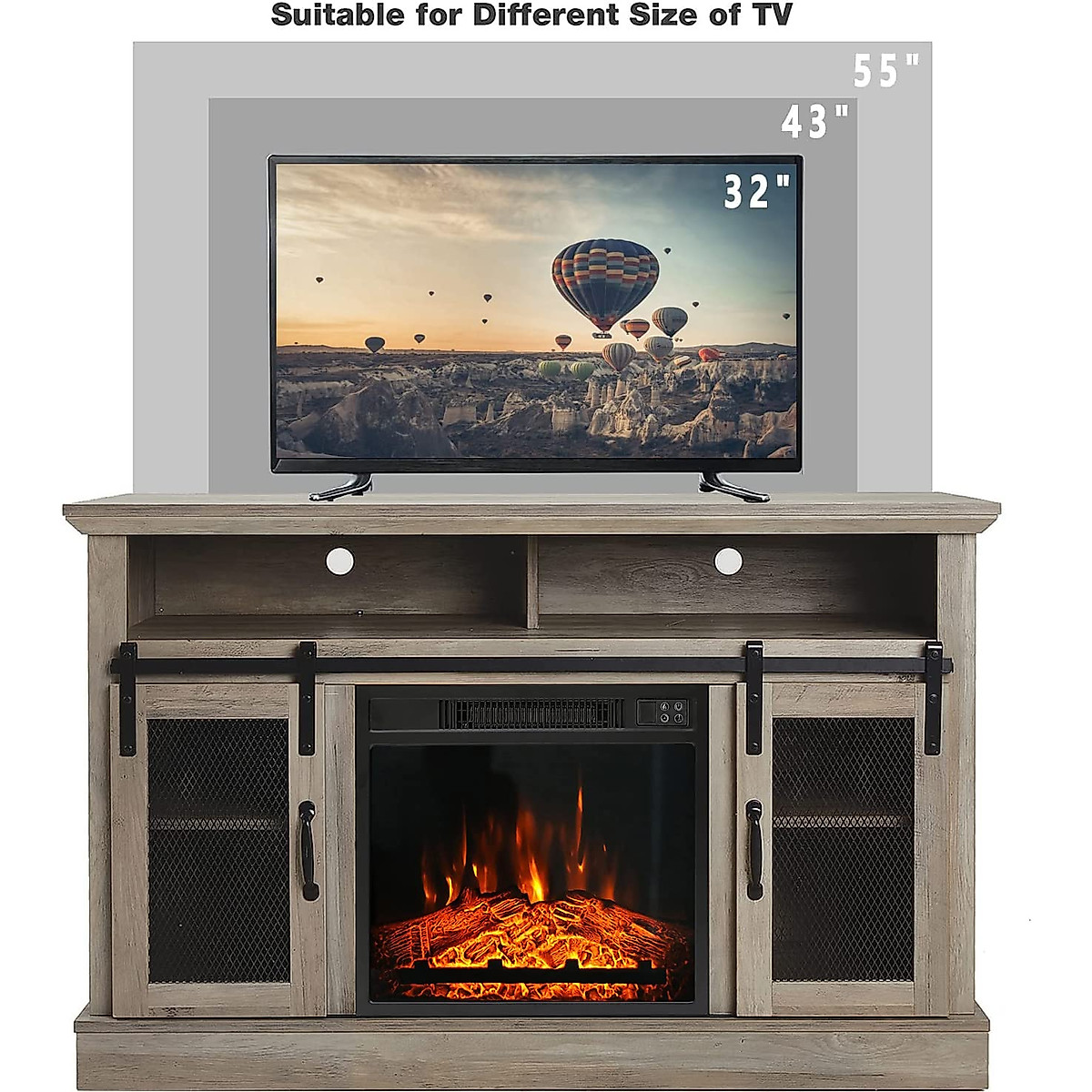Electric Fireplace TV Stand for Living Room, Wood Entertainment Center Sliding Barn Door, Rustic Farmhouse Media Console with Open Shelves and Cabinets for TV up to 55"