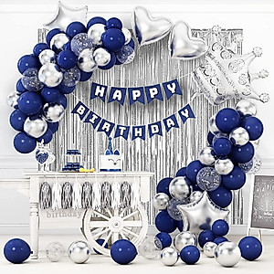 Navy Blue Happy Birthday Party Decorations Set for Men Boys Women Girls, Banner, Crown Balloon, Fringe Curtains, Cake Topper，tablecloth for 16th 18th 21st 25th 30th 40th 50th Party Supplies