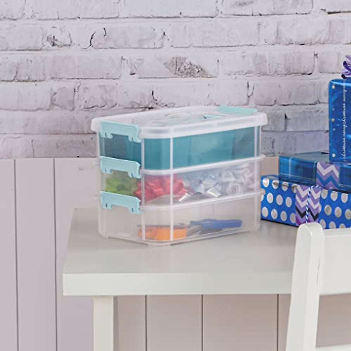 Sterilite 14138606 Stack & Carry Box with Trays Small Storage, Clear Pack of 6