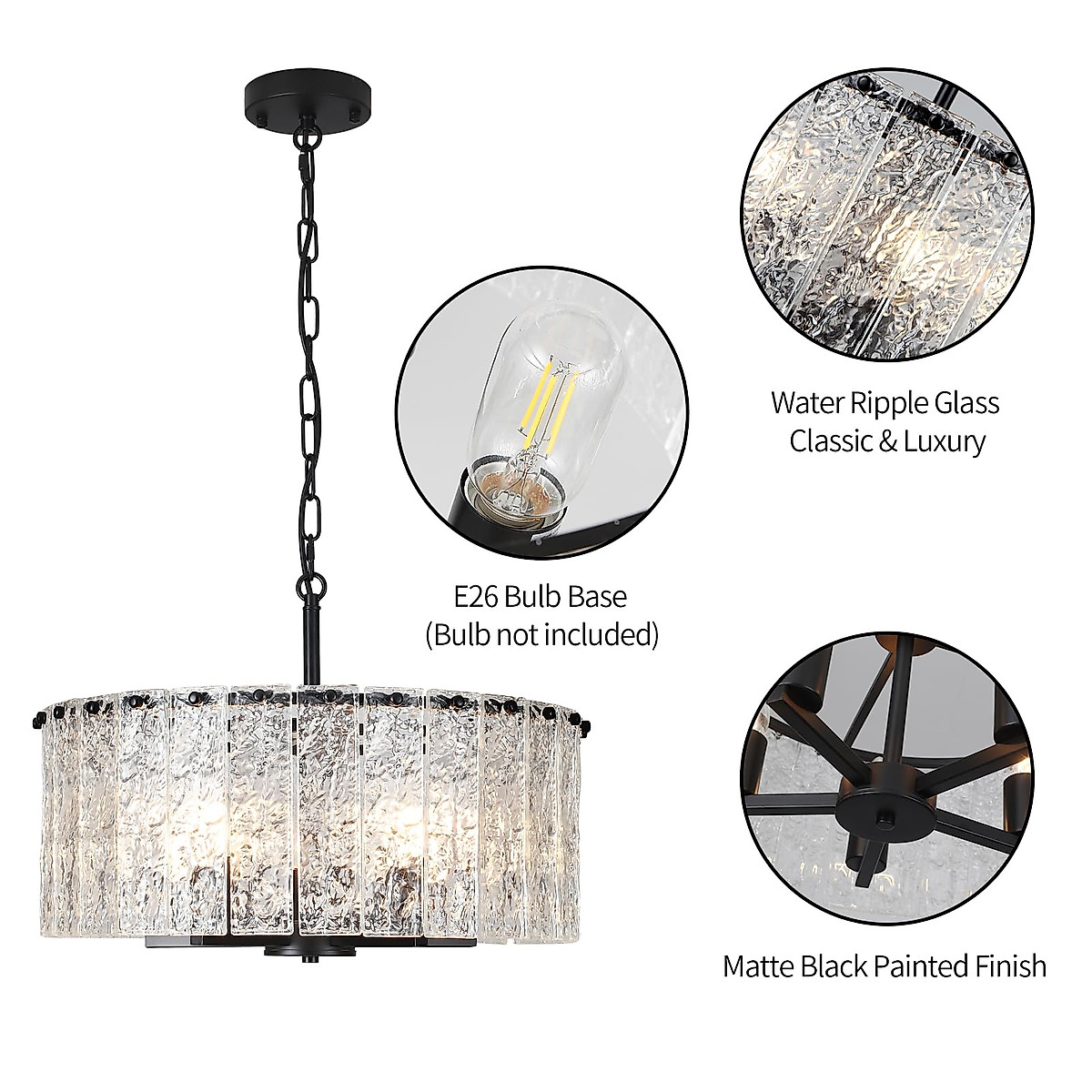 CWarmozy 19.7'' Luxury Black Chandelier for Dining Room 5-Light Modern Crystal Chandeliers Water Ripple Glass Light Fixture Elegant Ceiling Hanging Light for Kitchen Island Bedroom Living Room