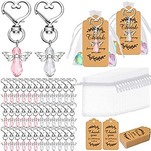 Sureio 60 Sets Angel Keychains Baby Shower Favors with Organza Bags and Thank You Tags Angel Charms Guest Return Gifts for Wedding Gifts Bridal Birthday Party Favors, Pink and White