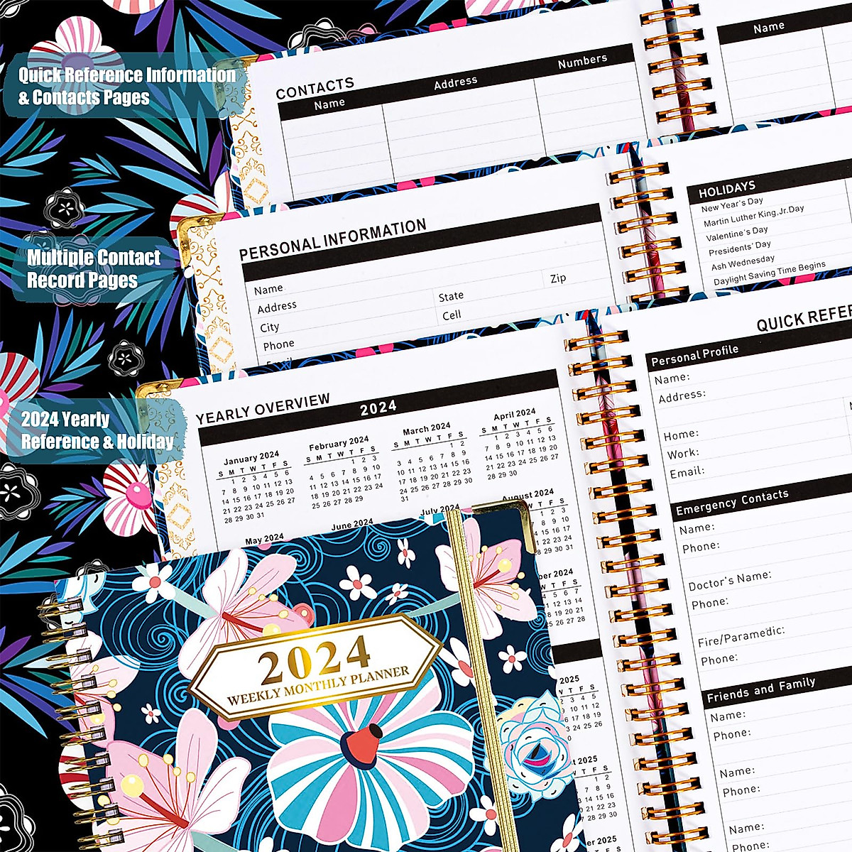 2024 Daily Planner with Stickers - 8.66"×6.2" January 2024 - December 2024 Happy Planners with Tabs, Twin Wire Spiral Binding Thick Paper Weekly and Monthly Academic Agenda Daily Notebook Pattern L