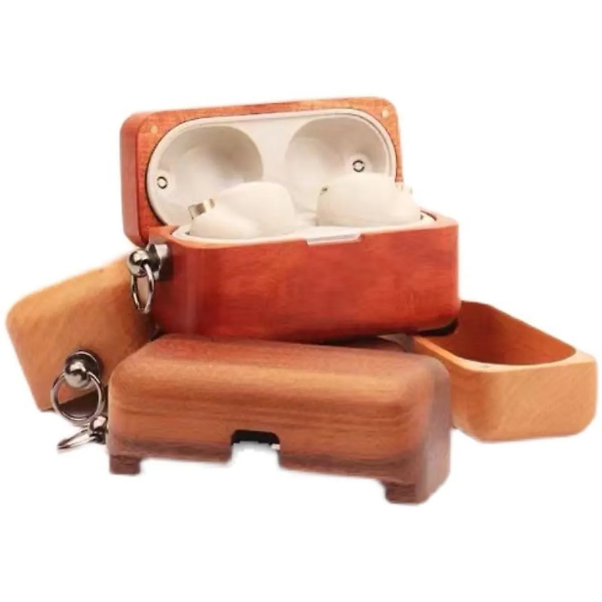 Handmade Nature Wooden Genuine Real Wood Protective Case Cover with Carabiner Compatible with Sony WF-1000XM4(Walnut)