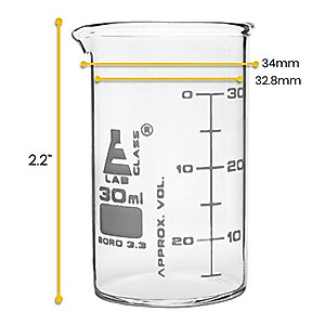 EISCO 12PK Beakers, 30ml - ASTM - Low Form with Spout - Dual Scale, White Graduations - Borosilicate 3.3 Glass