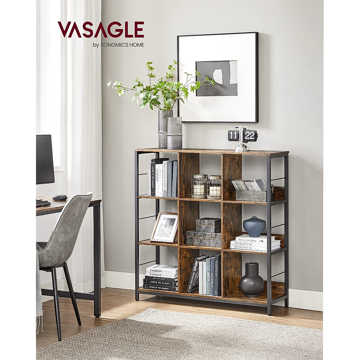 VASAGLE Bookshelf, Bookcase, 9 Cubes Storage Organizer, Industrial Open Display Shelf, for Bedroom, Office, Living Room, Metal Frame, Rustic Brown and Black ULLS112B01