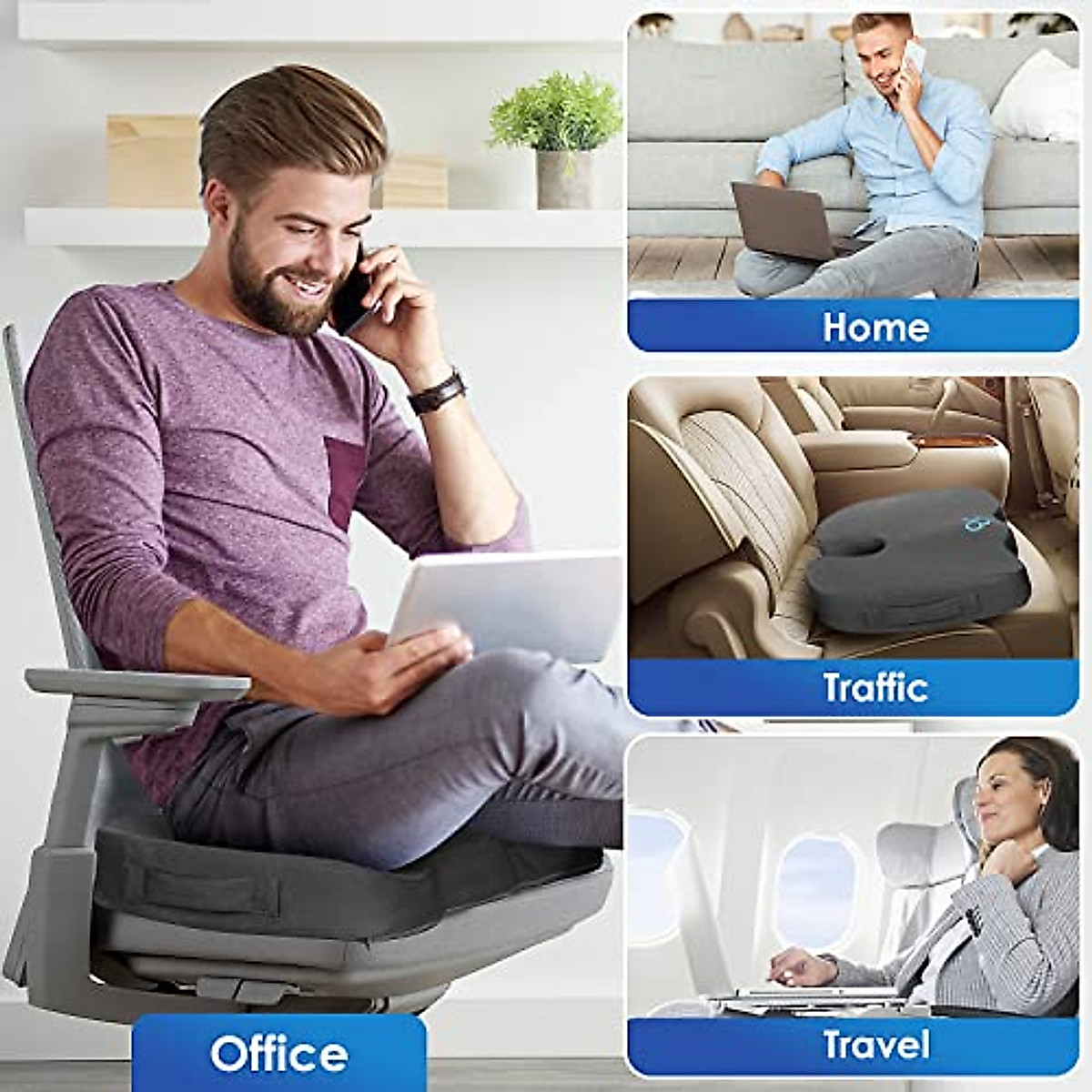 TushGuard Seat Cushion for Office Chair Memory Foam Non-Slip Desk Chair Cushion Back, Coccyx, Sciatica, Tailbone Pain Relief Butt Pillow for Office Chair, Car, Wheelchair