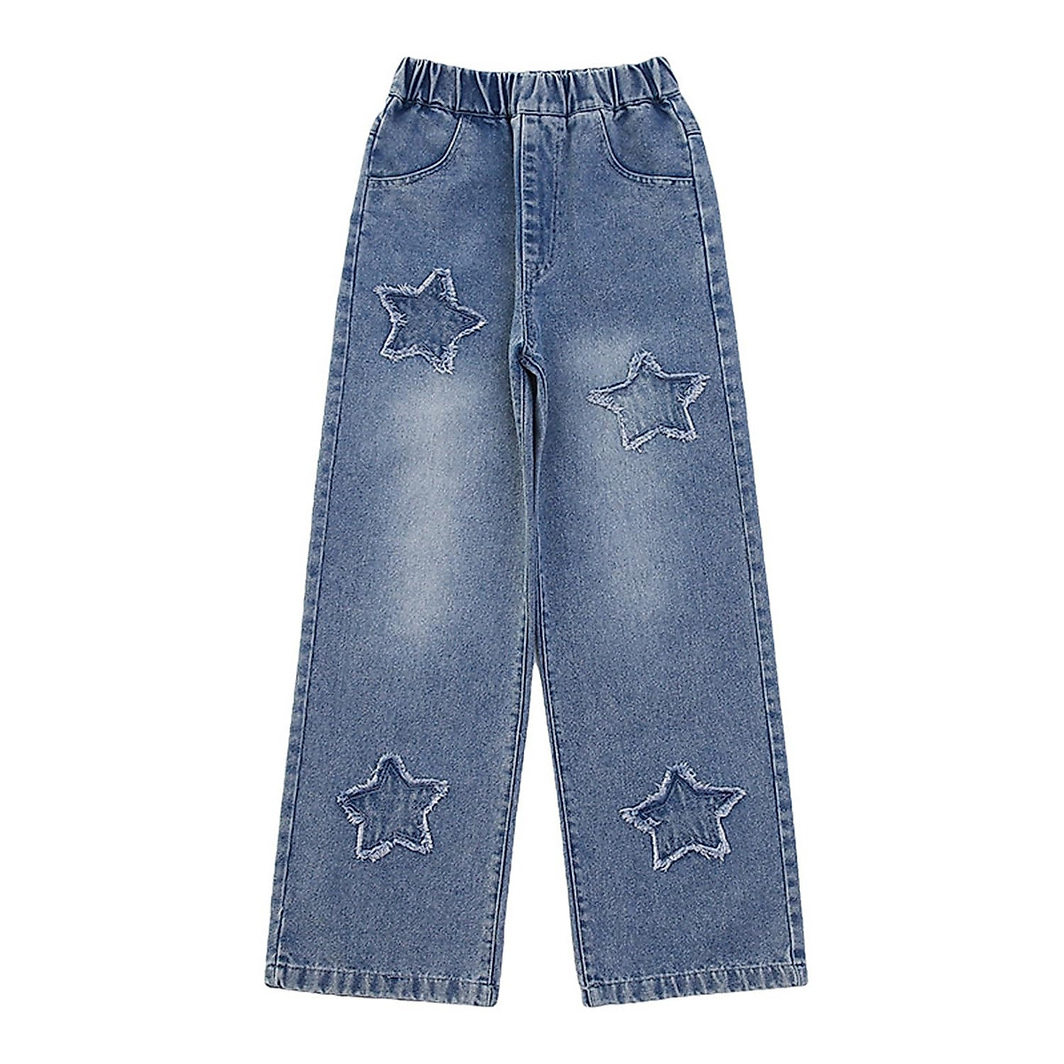 FLOWERKIDS Kids Girls Jeans Elastic Print Casual Baggy Denim Pants Straight Wide Leg Jeans Age 4-14 Years (12-13 Years, Blue - Star Print)