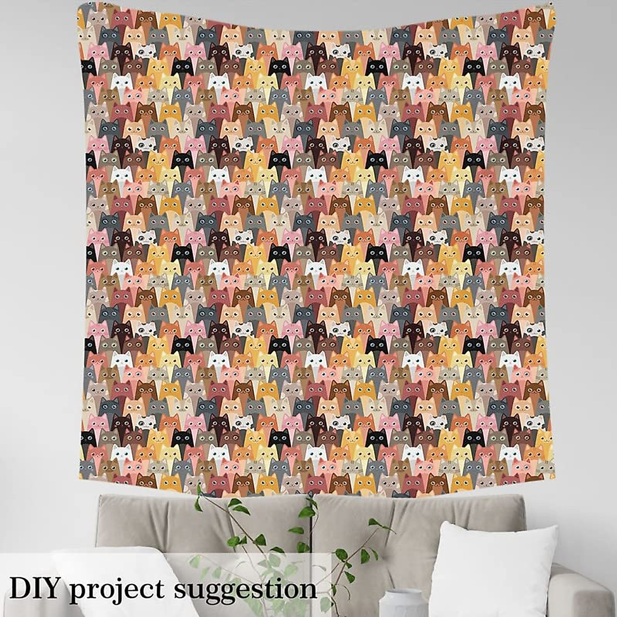 Cartoon Cats Upholstery Fabric by The Yard, Cute Cat Print Decorative Fabric for Upholstery and Home DIY Projects, Kawai Animals Waterproof Outdoor Fabric, 1 Yard, Yellow