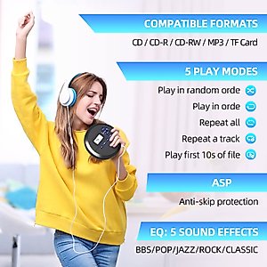CD Player Portable, DESOBRY Portable CD Player with Speakers & FM Transmitter, Compact CD Player for Car Built-in 2000mAh Rechargeable Battery, Walkman CD Player with LCD Screen, Earphones, AUX Cord