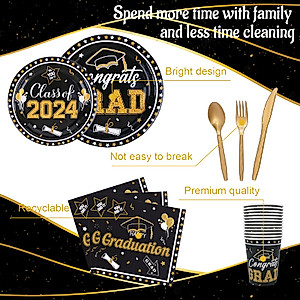 168PCS Graduation Party Decorations Dinnerware Set - Class of 2024 Decorations - Plates Napkins Cups Knife Fork Spoon(Black-Gold)