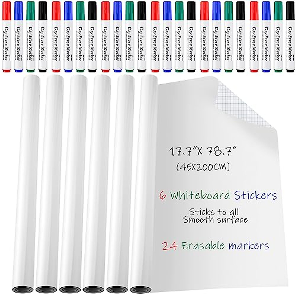 Seajan 6 Pack Dry Erase Whiteboard Sticker Rolls 17.7 x 78.7 Inches White Board Wallpaper Peel and Stick Adhesive Board Wall Decal Dry Erase Contact Paper with 24 Markers for School Office Home