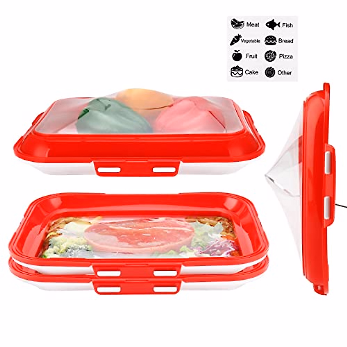 AOPO Food Storage Containers, 3 Pack Reusable Food Preservation Trays, Food Grade TPU Plastic Wrap, BPA Free, With Food Labels, Food Containers for Kitchen Pantry Organization and Storage, Red