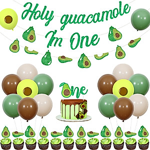 Sursurprise Avocado 1st Birthday Decorations, Holy Guacamole I’m One First Birthday Banners, Fiesta Avocado Fruit Cake Cupcake Toppers Balloons, Cinco De Mayo One Year Old Bday Party Decor Supplies