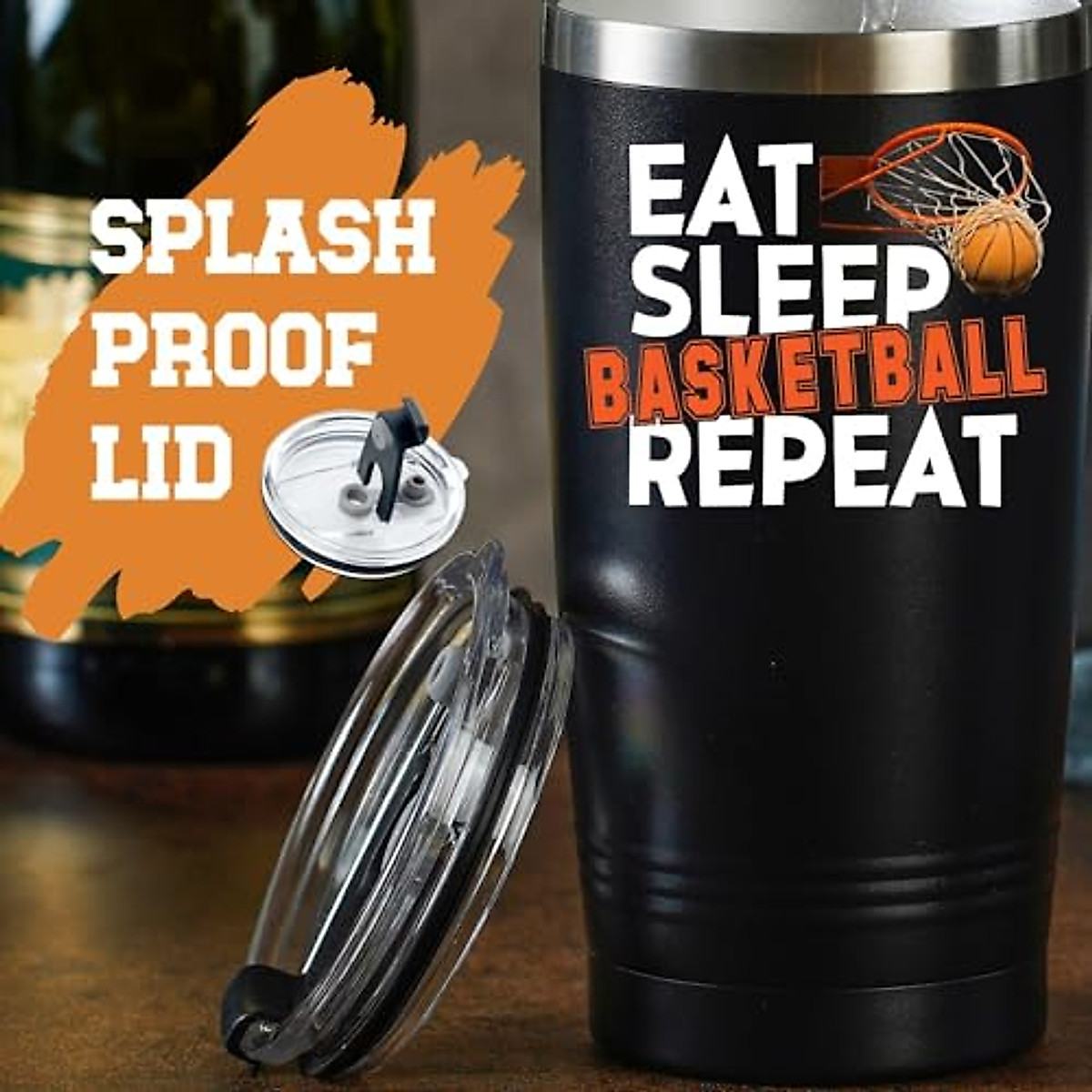 Onebttl Basketball Lovers Gifts, Basketball Gifts for Coach, Men, Dad on Birthday Christmas, 20oz Stainless Steel Tumbler - Eat Sleep Basketball Repeat, Black